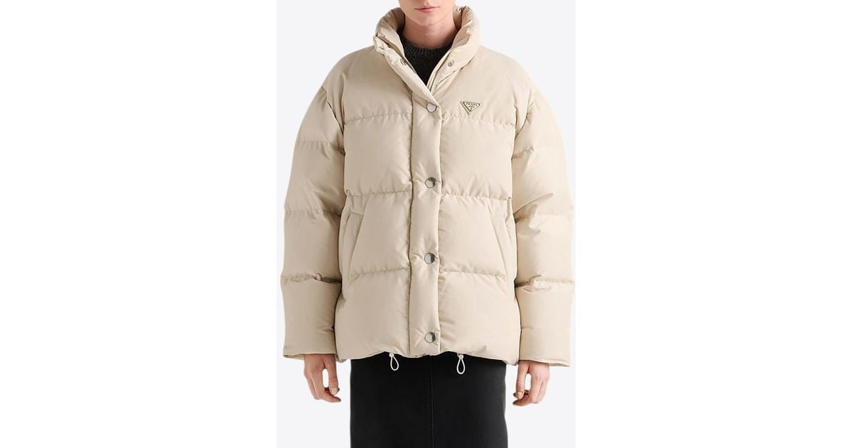 Prada Triangle Logo Technical Down Jacket in Natural | Lyst