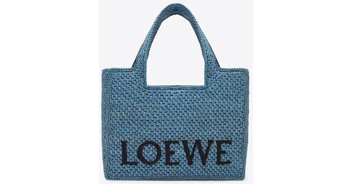 Loewe Small Font Woven-Raffia Tote Bag in Blue | Lyst