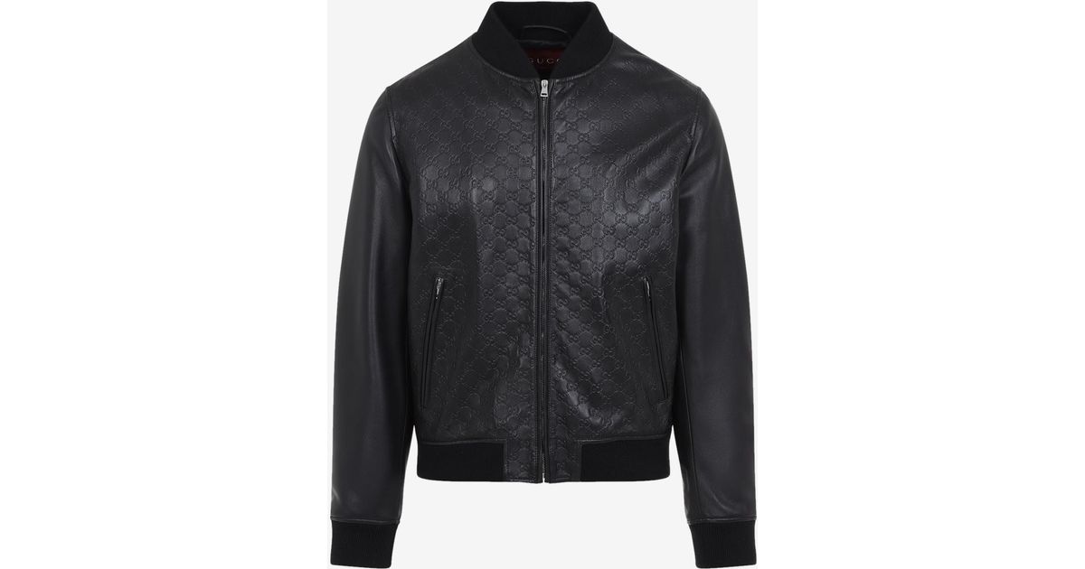 Gucci Gg Logo Zip-Up Leather Jacket in Black for Men | Lyst