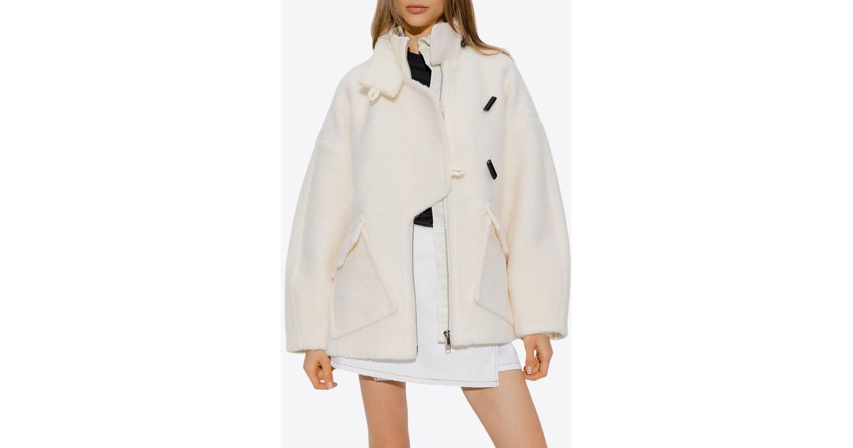Ganni Standing Collar Wool Coat in White | Lyst