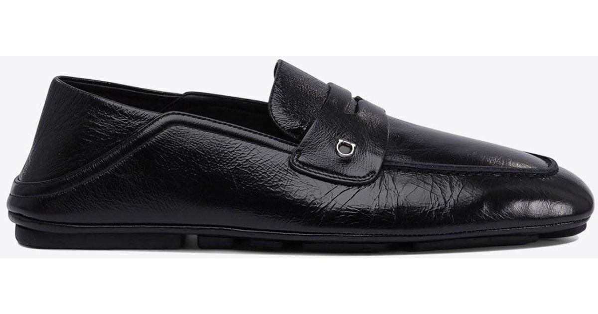 Ferragamo Wrinkled Leather Penny Loafers in Black for Men | Lyst