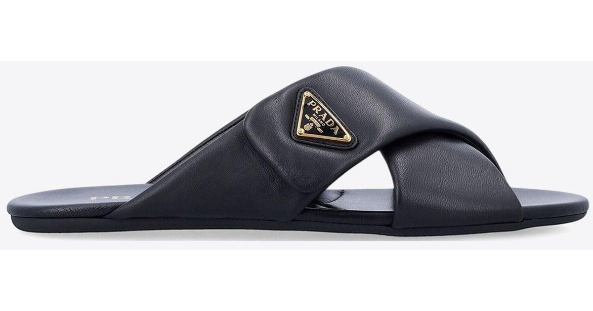 Prada Padded Criss-Cross Leather Slides in White | Lyst