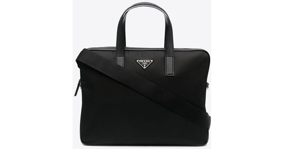 Prada Triangle Logo Leather Briefcase in Black for Men | Lyst