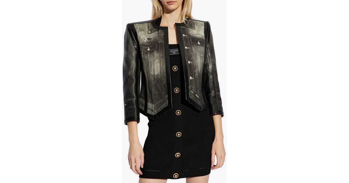 Balmain Denim Print Leather Jacket in Black | Lyst