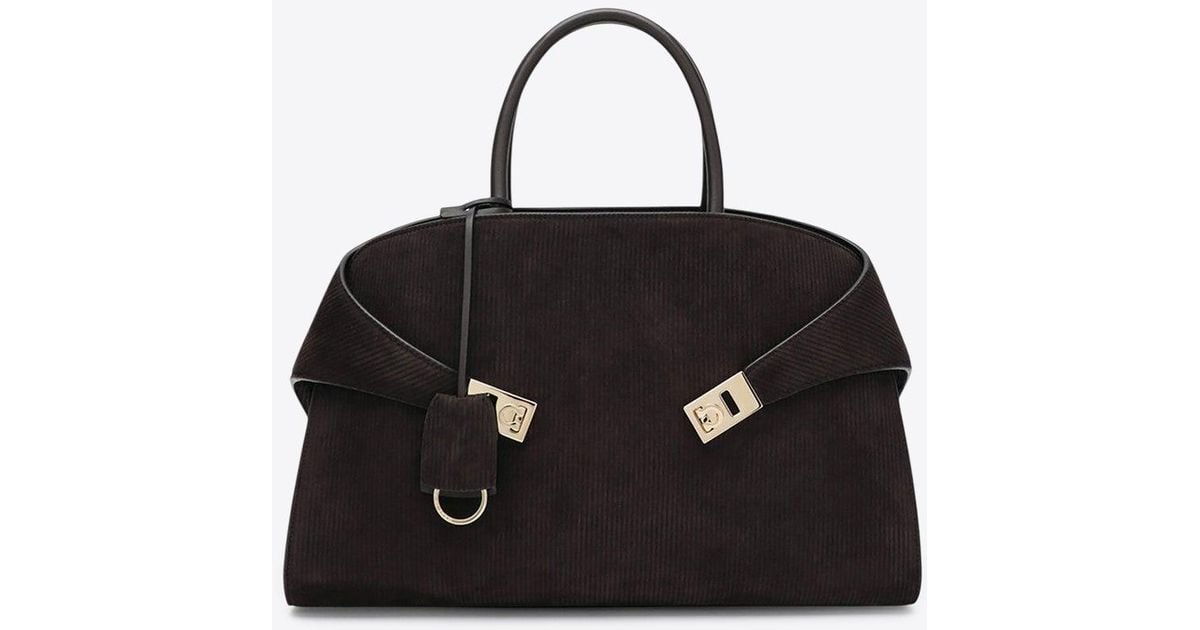 Ferragamo Large Hug Soft Suede Top Handle Bag in Black | Lyst