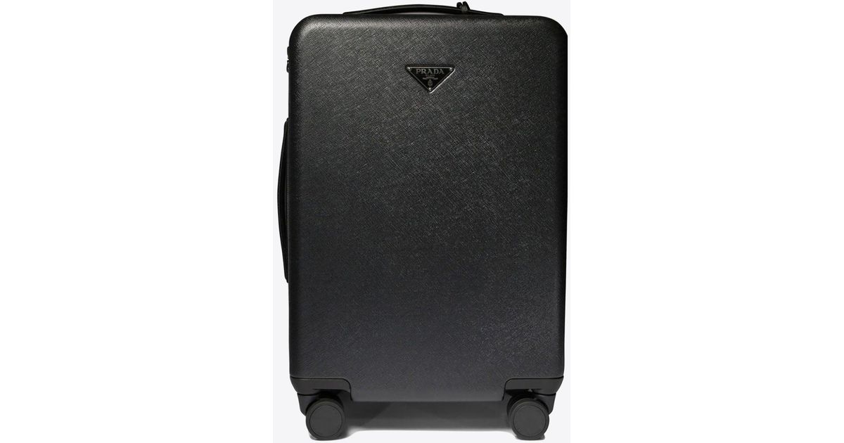 Prada Triangle Logo Leather Suitcase in Black for Men | Lyst