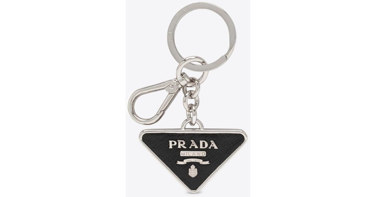 Prada Triangle Logo Leather And Metal Key-Ring in White for Men | Lyst