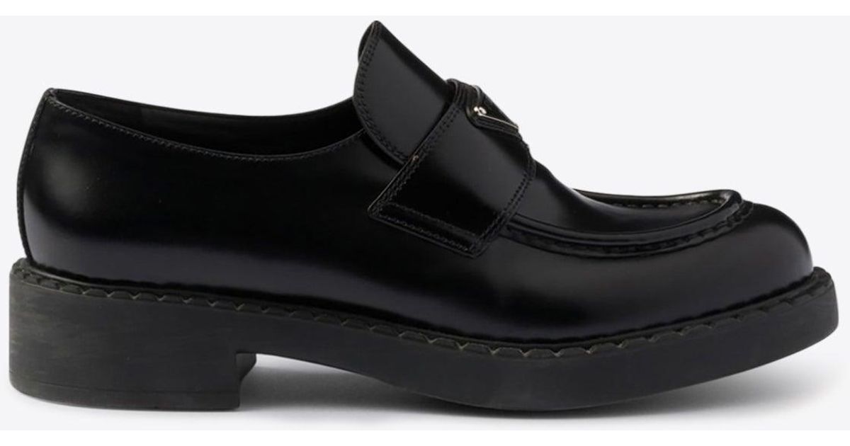 Prada Chocolate Brushed Leather Logo Loafers in Black | Lyst
