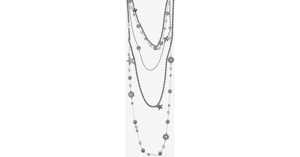 Tory Burch Crystal And Pearl Layered Necklace in White | Lyst