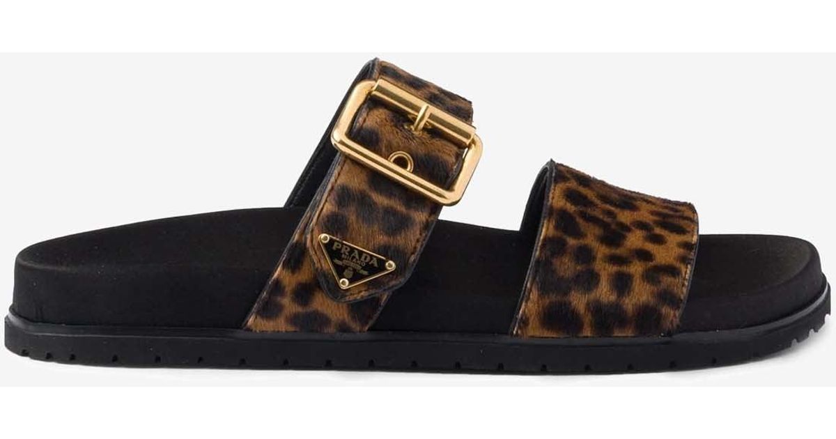 Prada Triangle Logo Leopard Print Flat Sandals in White | Lyst