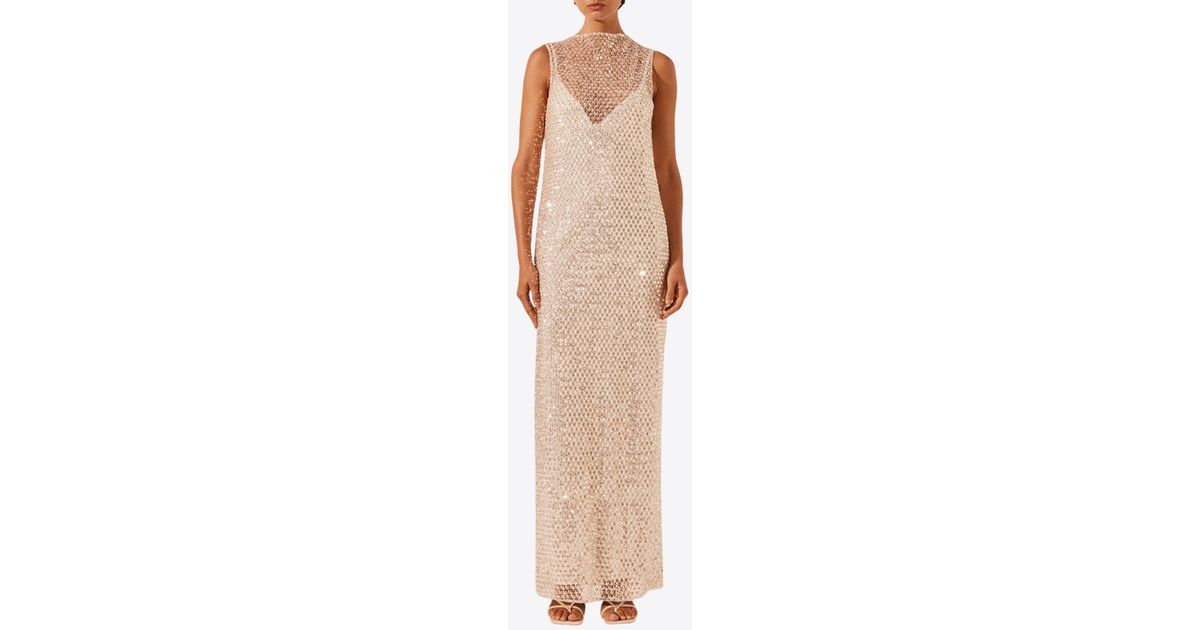 Shona Joy Asteri Crystal Mesh Maxi Dress in Natural | Lyst
