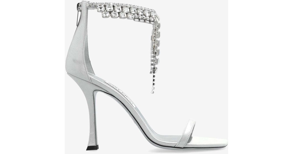 Jimmy Choo Verity 100 Crystal Embellished Satin Sandals in White | Lyst