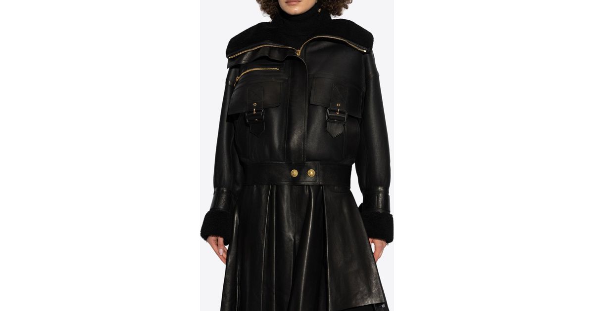 Balmain Shearling And Leather Jacket in Black | Lyst