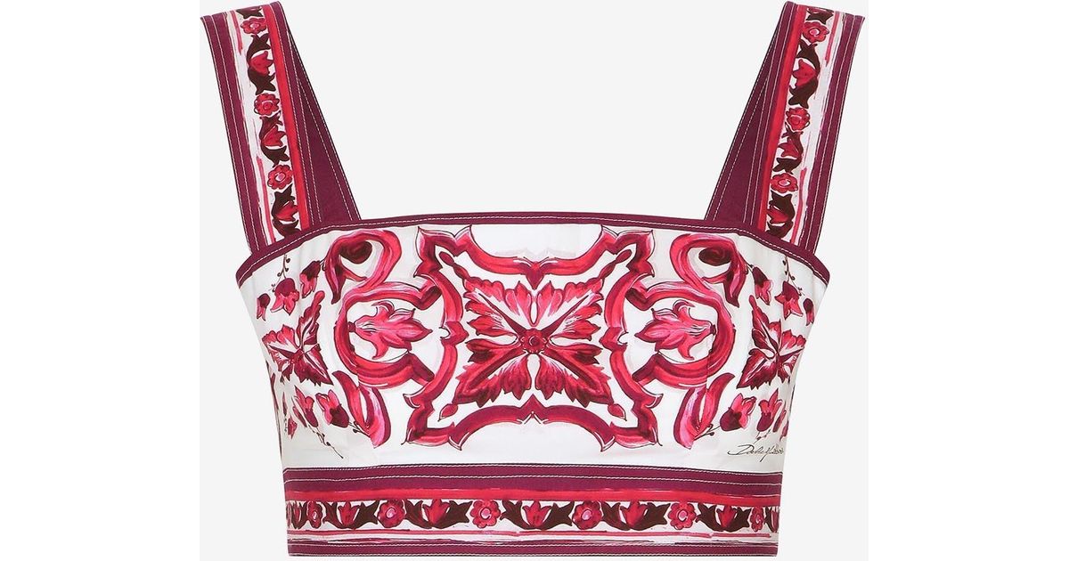 Dolce And Gabbana Majolica Print Cropped Top In Red Lyst