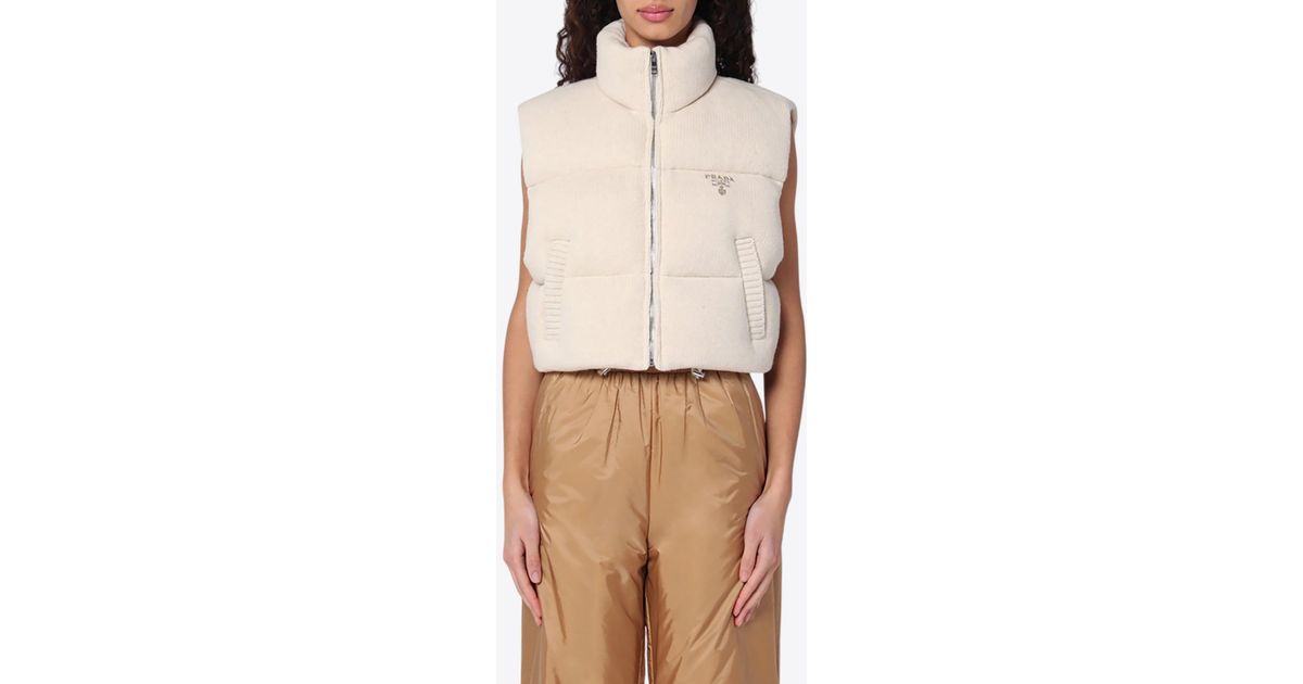 Prada Wool And Cashmere Cropped Puffer Vest in Natural | Lyst