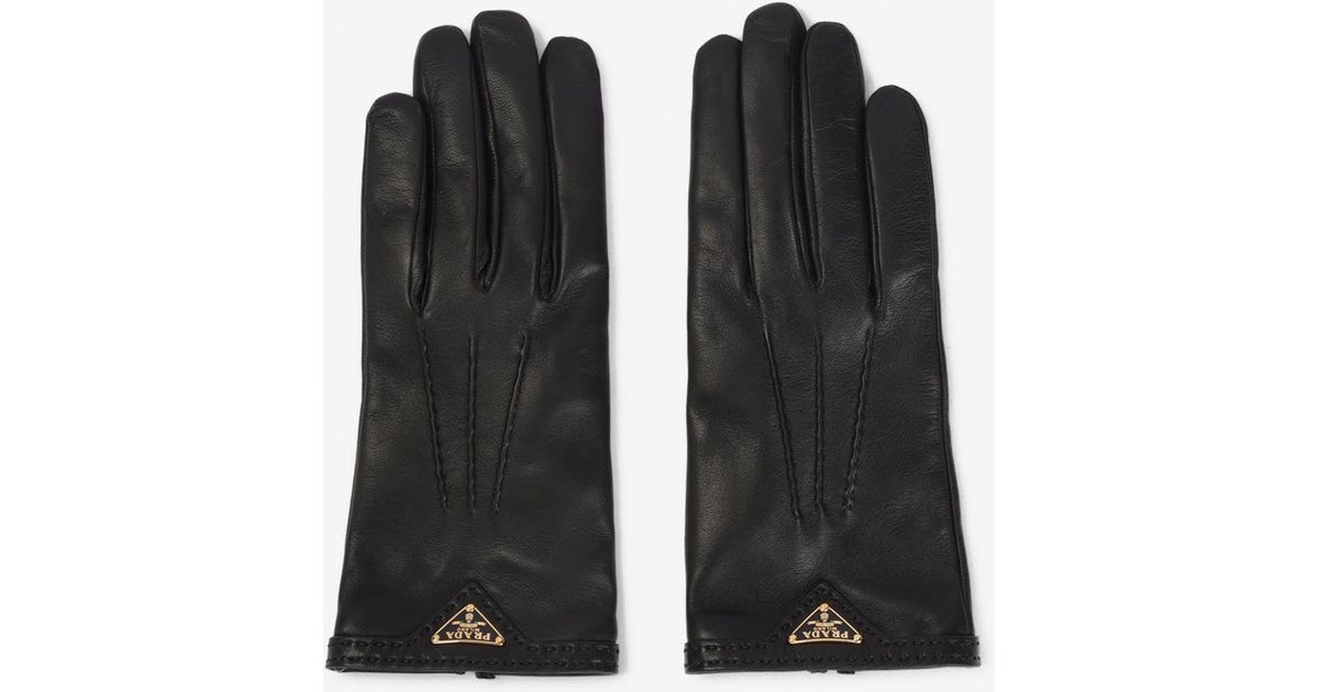 Prada Triangle Logo Nappa Leather Gloves in Black | Lyst