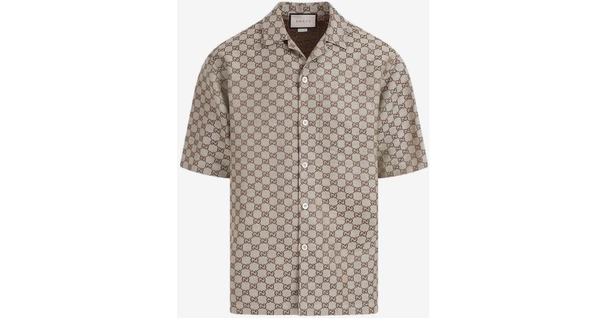 Gucci Short-sleeved Logo Monogram Shirt In Linen Blend in Gray for Men ...