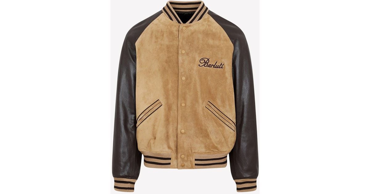 Berluti Suede Leather Varsity Jacket in Natural for Men | Lyst