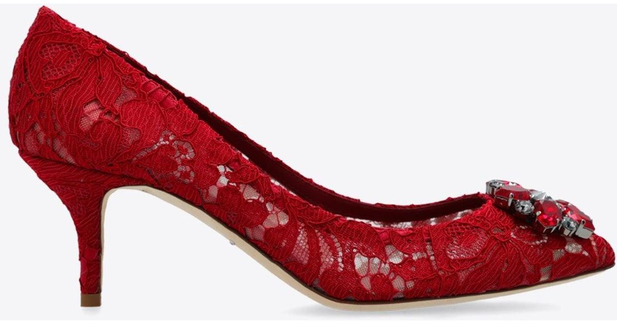 Dolce & Gabbana Bellucci 60 Brooch Embellished Lace Pumps in Red | Lyst