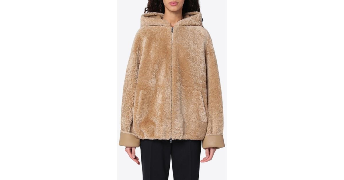 Prada Triangle Logo Shearling Jacket in Natural | Lyst Canada