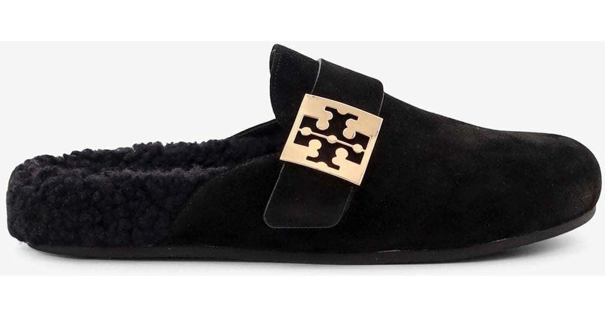 Tory Burch Logo-Plaque Suede Slippers in Black | Lyst