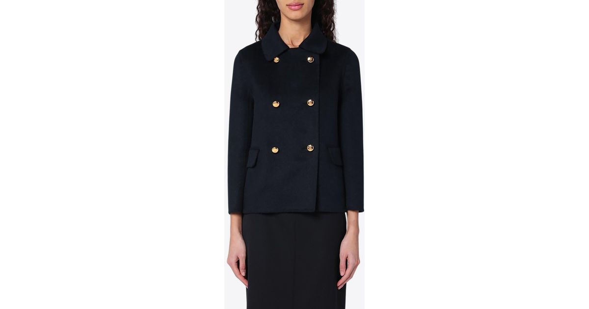 Prada Double-Breasted Angora Cashmere Coat in Blue | Lyst