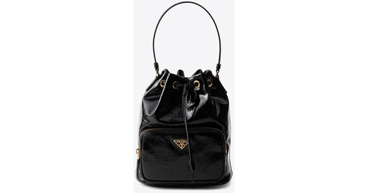 Prada Duet Patent Leather Bucket Bag in Black | Lyst