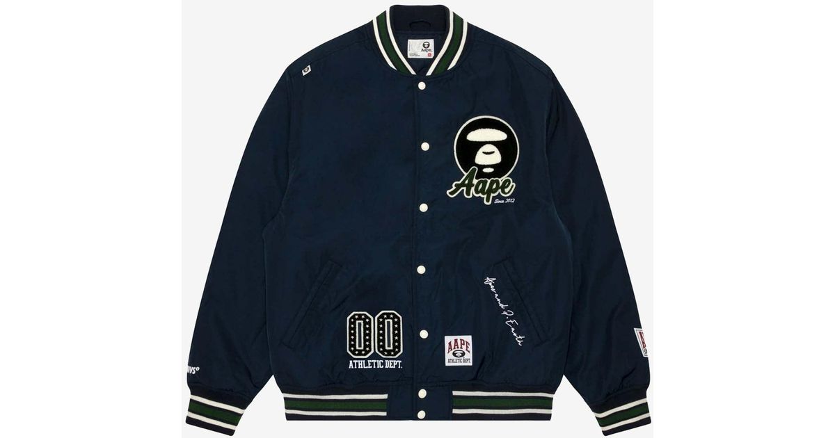 Aape Moonface Logo Varsity Bomber Jacket in Blue for Men | Lyst