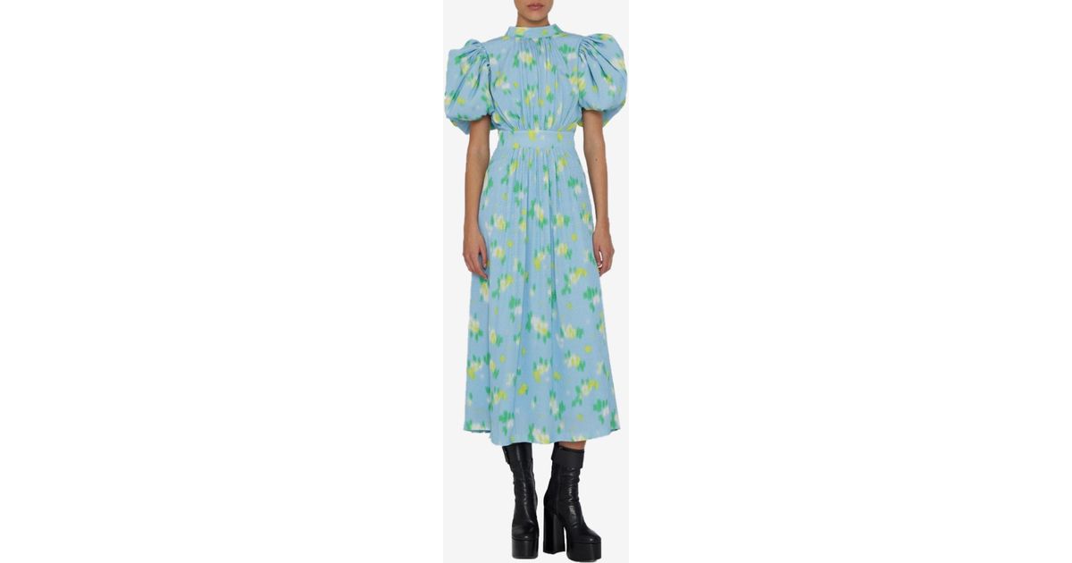 ROTATE BIRGER CHRISTENSEN Floral Puff-Sleeve Midi Dress in Blue | Lyst