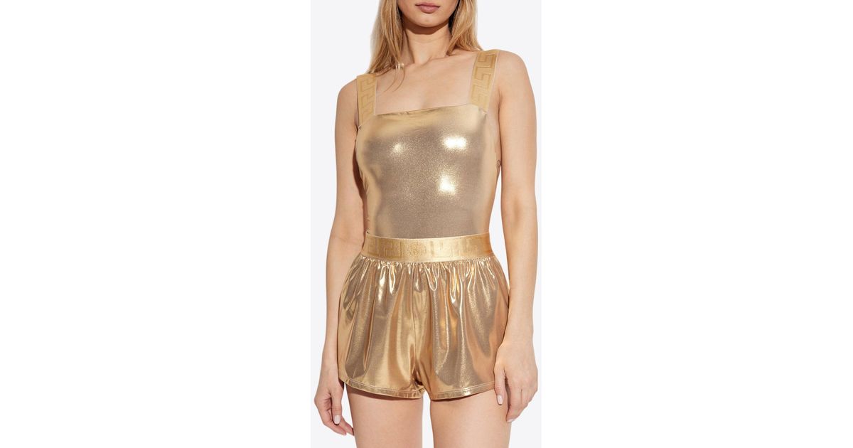 Versace Greca Border Metallic Swim Shorts in Brown | Lyst