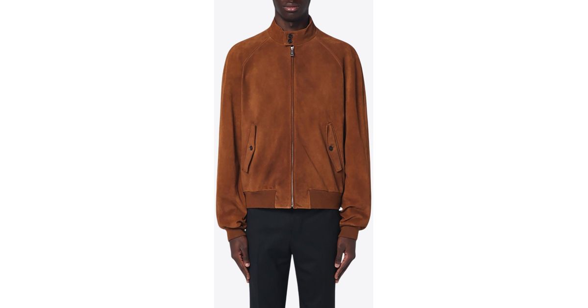 Prada Triangle Logo Suede Bomber Jacket in Brown for Men | Lyst