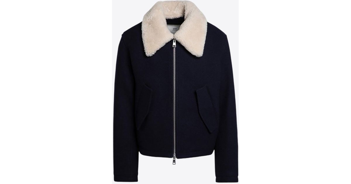 Ami Paris Shearling-Collar Wool Cropped Jacket in Blue for Men | Lyst