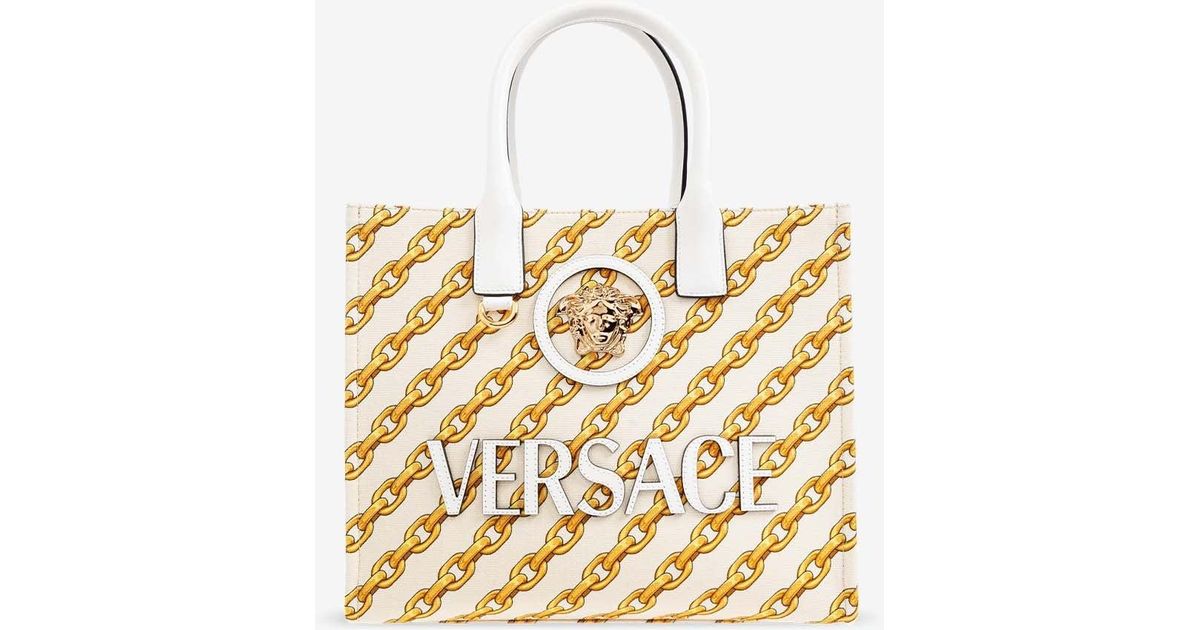 Versace Small La Medusa Chain Stripes Tote Bag in White | Lyst