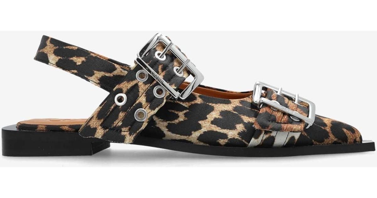 Ganni Leopard Print Buckled Slingback Flats in White | Lyst