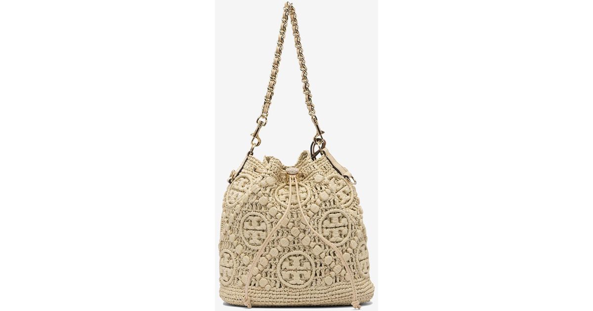 Tory Burch T Monogram Raffia Bucket Bag in Natural | Lyst