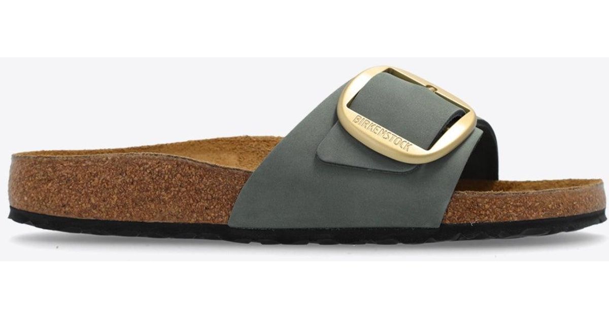 Birkenstock Madrid Big Buckle Nubuck Leather Slides in White | Lyst