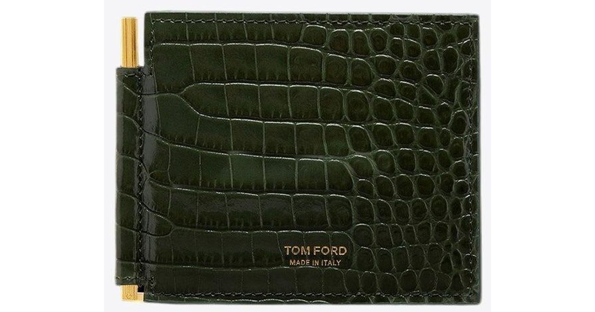 Tom Ford Croc-Embossed Leather Bi-Fold Bill Clip Wallet in Green for ...