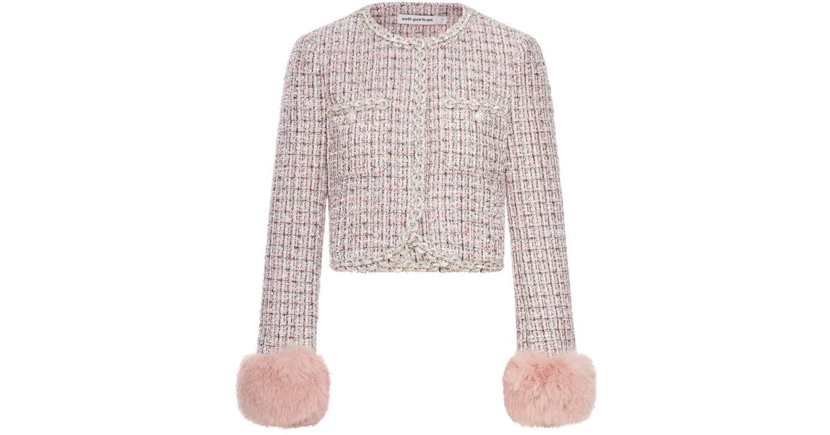 Self-Portrait Jacket With Bouclé Fur Cuffs in White | Lyst UK