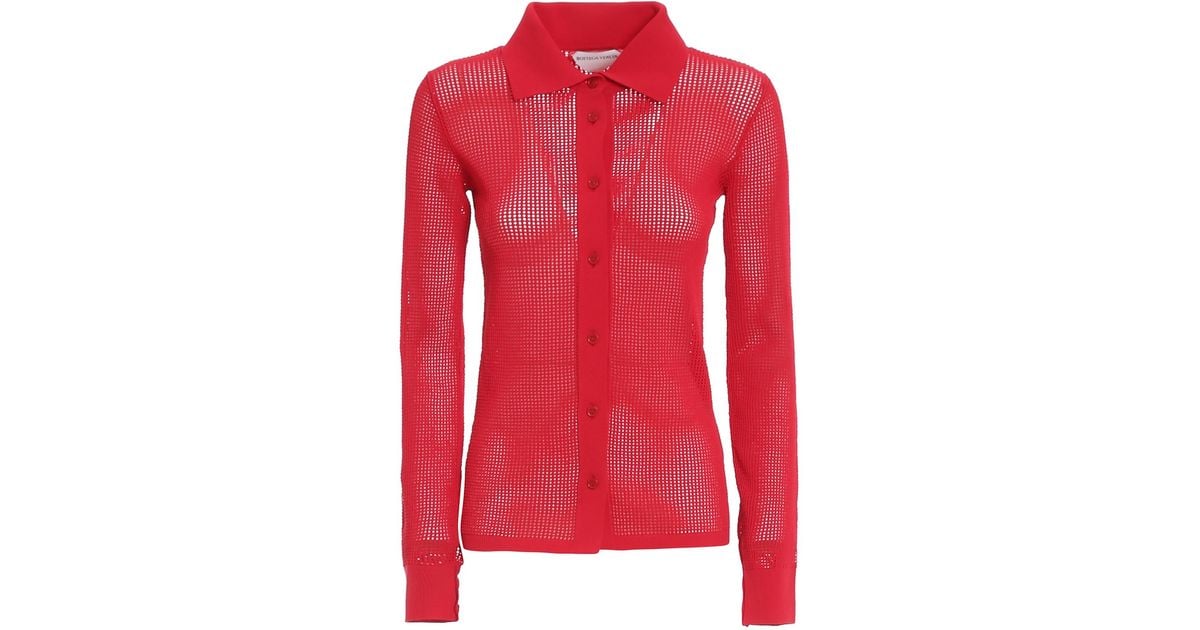 Bottega Veneta Technical Cotton Mesh Cardigan in Red | Lyst UK