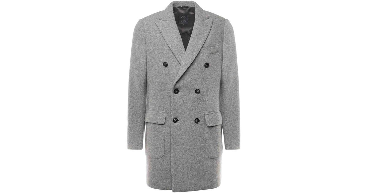 Fay Double-Breasted Wool Jersey Coat in Grey for Men | Lyst UK