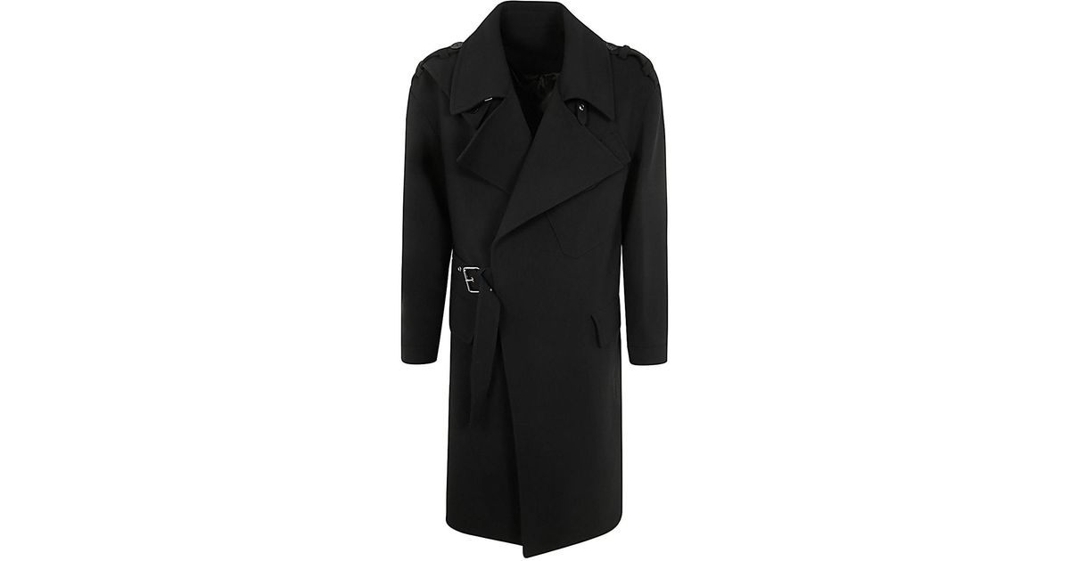 Balmain Double Wool Crepe Belted Trench Coat in Black for Men | Lyst