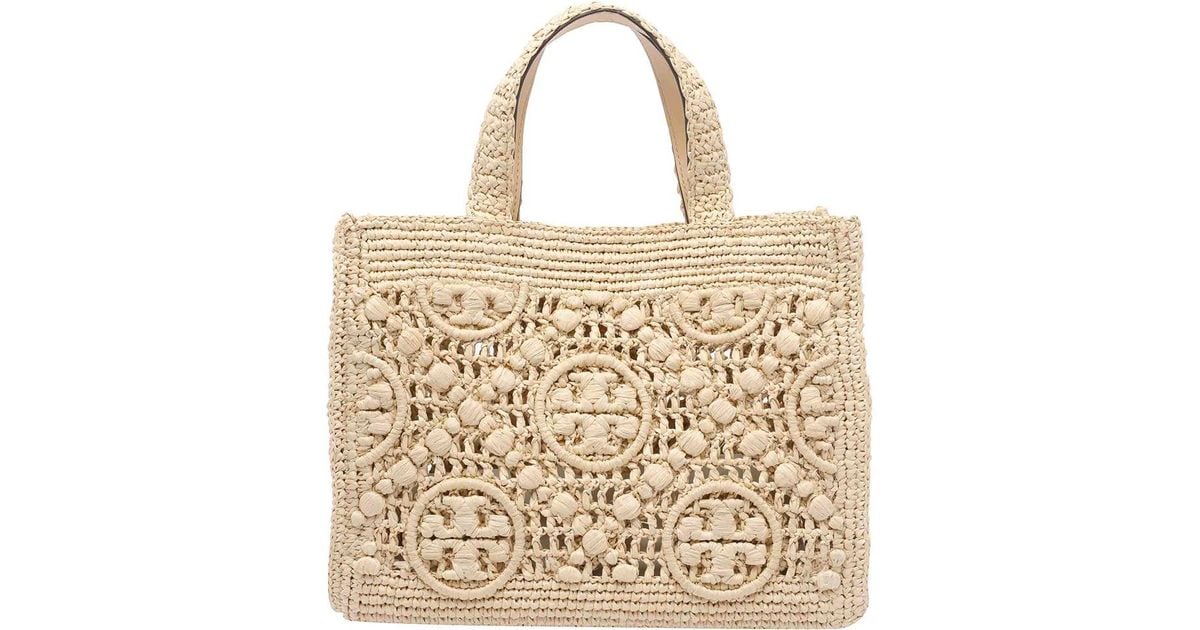 Tory Burch Raffia T Monogram Tote Bag in Natural | Lyst
