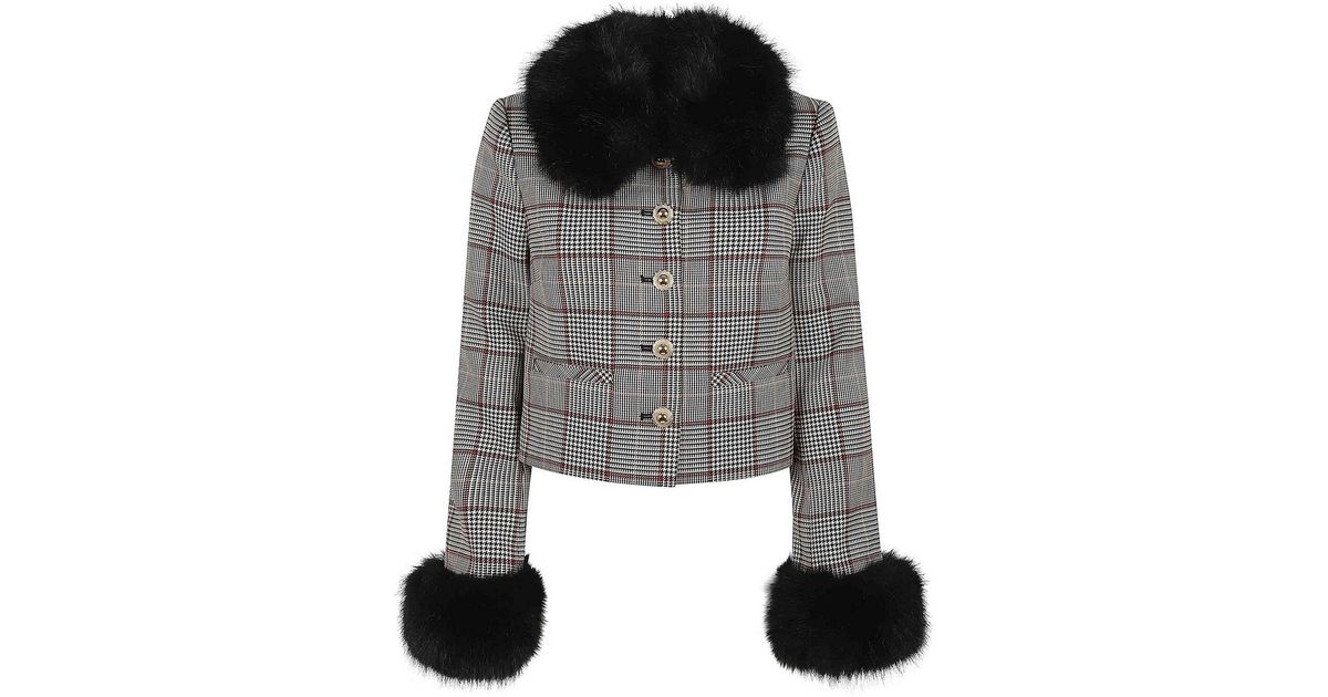Self-Portrait Check Fur Cuff Jacket in Black | Lyst UK