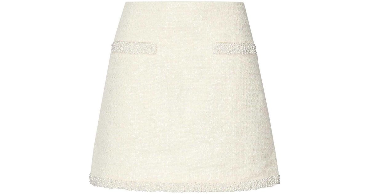 Self-Portrait Cream Boucl Mini Skirt With Pearl Trim in White | Lyst