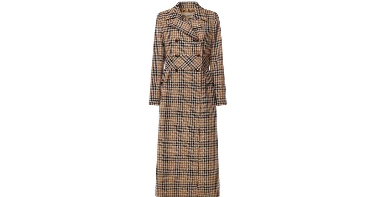 Valentino Garavani Long Houndstooth Wool Coat in Natural | Lyst UK