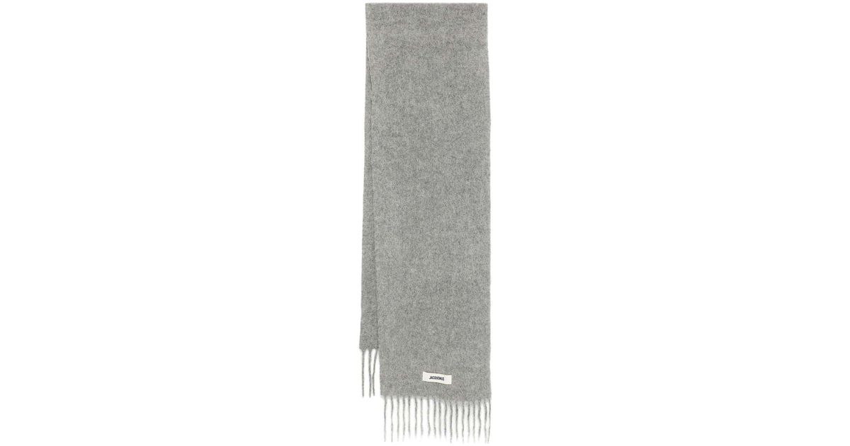 Jacquemus Scarf With Fringe And Logo in Gray | Lyst