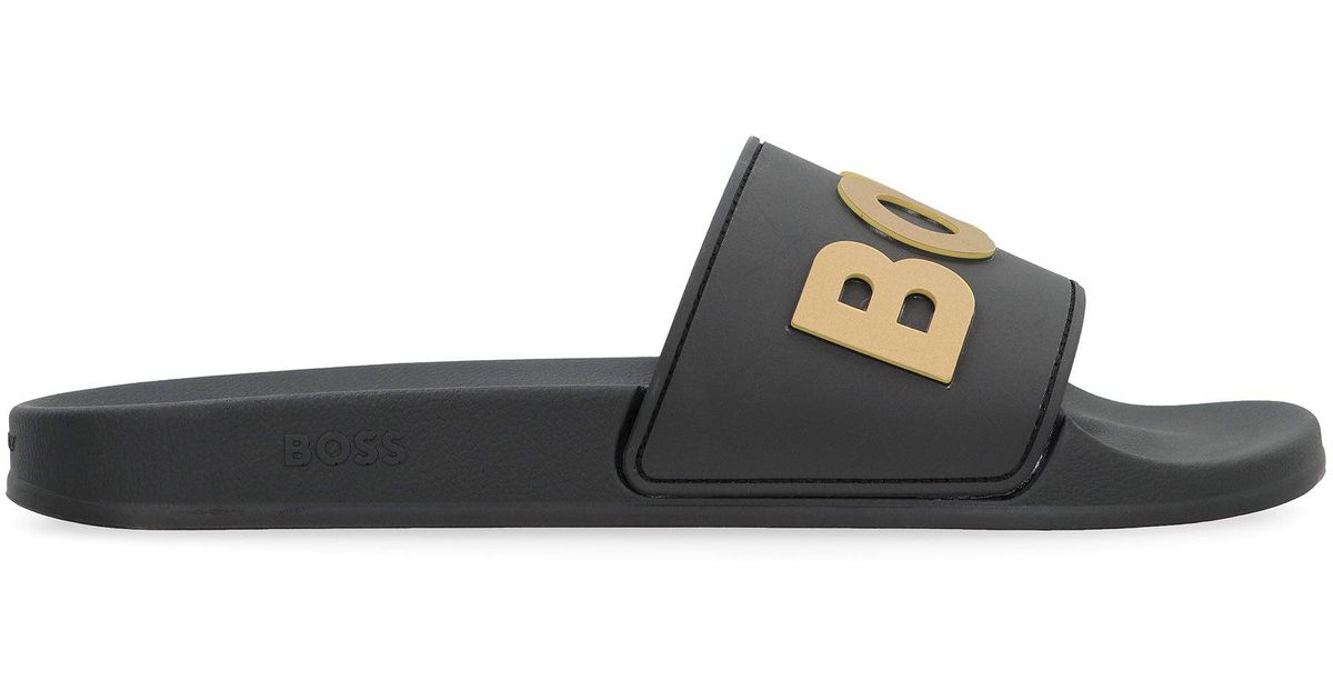 BOSS Logo Detail Rubber Slides in Black for Men | Lyst
