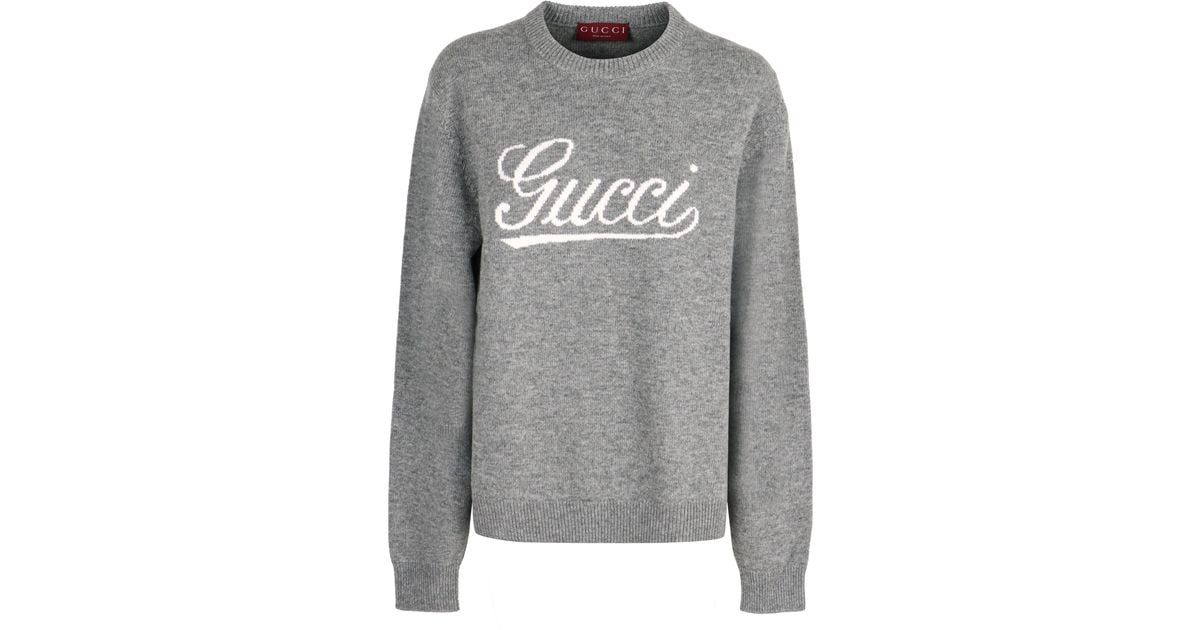 Gucci Wool Logo Intarsia Pullover Sweater in Gray for Men | Lyst