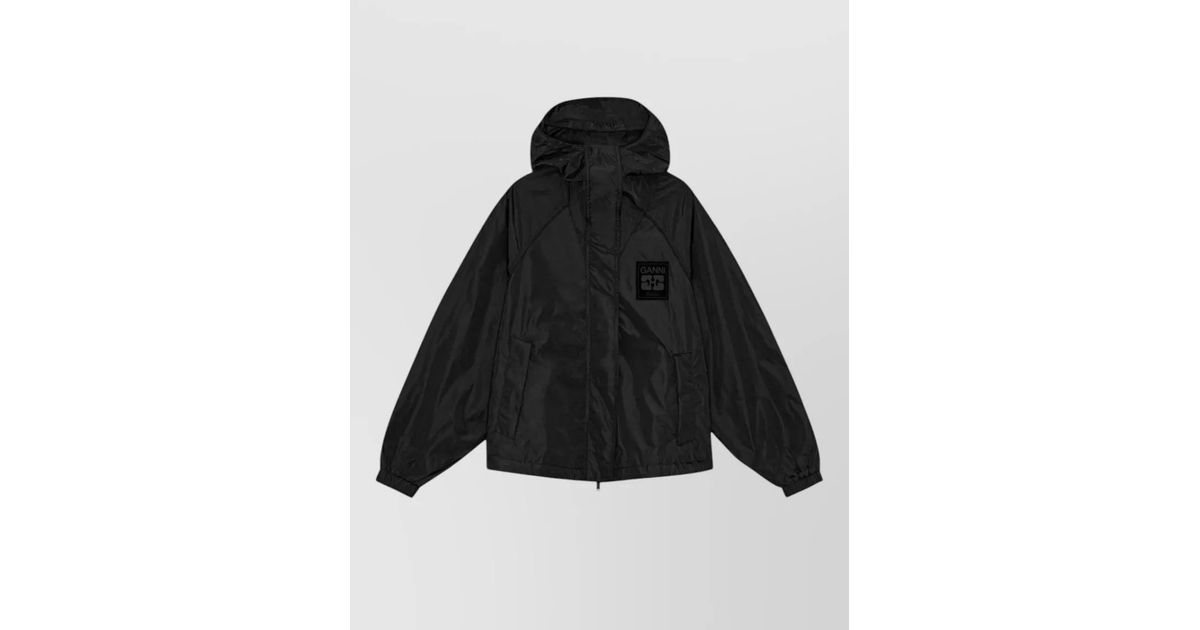 Ganni Oversized Hooded Jacket Logo Detail in Black | Lyst