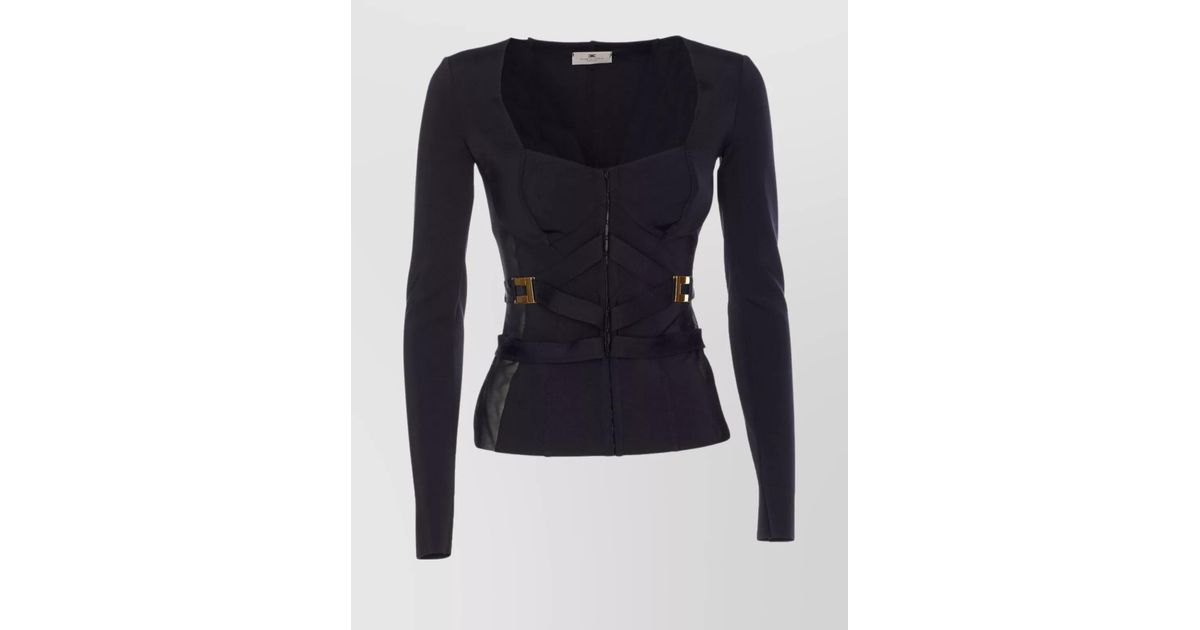 Elisabetta Franchi Sheer Panel Wide Neckline Jacket in Blue | Lyst UK